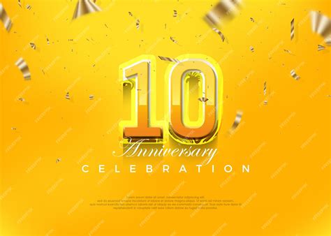 현대적인 노란색 3d 숫자가 포함된 프리미엄 10주년 축하 디자인 인사말 및 축하를 위한 프리미엄 벡터 배경 프리미엄 벡터