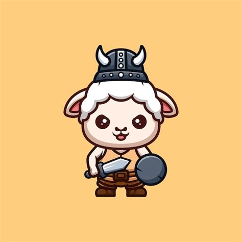 양 바이킹 귀여운 크리에이 티브 가와이이 만화 마스코트 로고 프리미엄 벡터