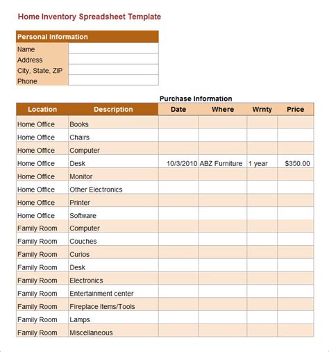 Home Inventory Excel Template Laderjuice