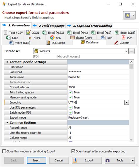 database export format exportizer documentation