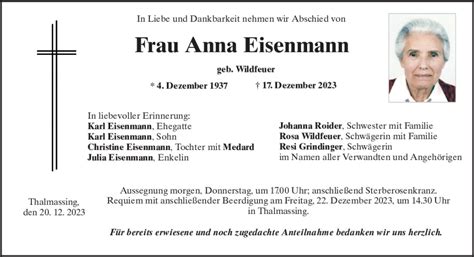Traueranzeigen Von Anna Eisenmann Mittelbayerische Trauer