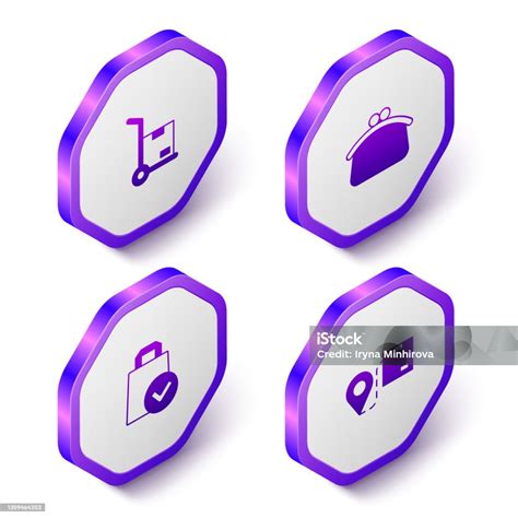 골판지 아이콘이있는 등분성 핸드 트럭 과 상자 지갑 종이 쇼핑 백 및 위치를 설정합니다 보라색 육각 버튼 벡터 3차원 형태에 대한 스톡 벡터 아트 및 기타 이미지 Istock