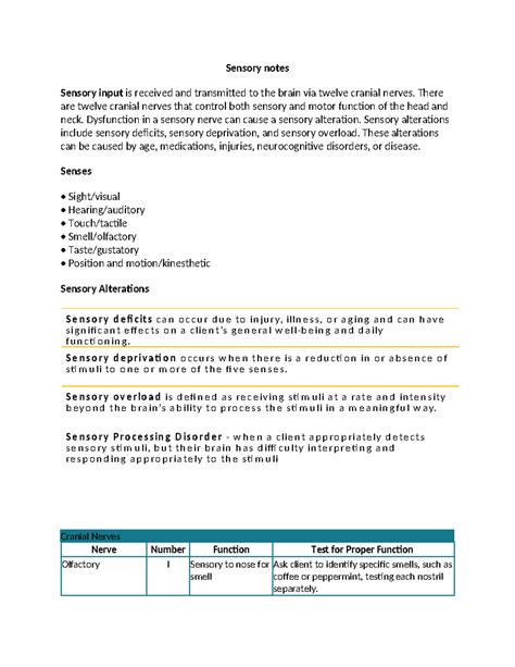 Sensory Notes Sensory Notes Sensory Input Is Received And Transmitted