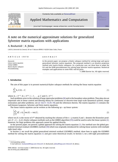 Pdf A Note On The Numerical Approximate Solutions For Generalized Sylvester Matrix Equations