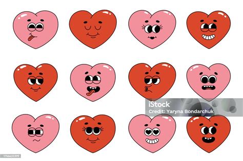그루비 히피 하트 세트 발렌타인 데이 디자인을 위한 트렌디한 복고풍 스타일의 만화 캐릭터 0명에 대한 스톡 벡터 아트 및 기타 이미지 0명 1960 1969 년