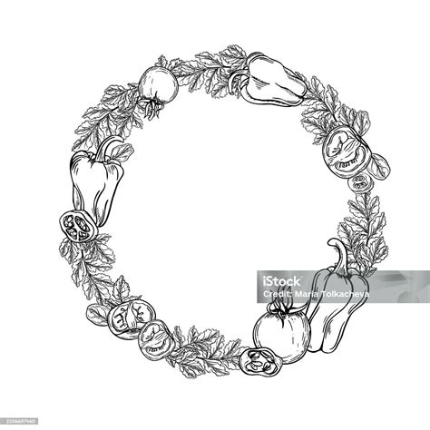 신선한 토마토 달콤한 피망 파슬리 화환 라인 잉크 일러스트 흑백 야채가 있는 샐러드 잎의 에칭 그림 텍스트를 위한 빈 공간이 있는 둥근 프레임 건강한 식생활에 대한 스톡