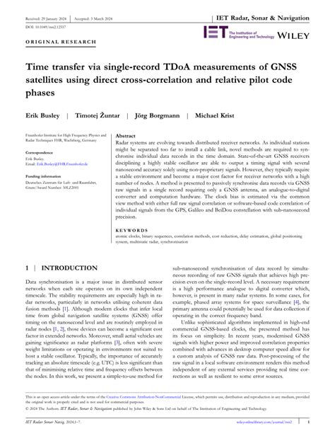 Pdf Time Transfer Via Single‐record Tdoa Measurements Of Gnss Satellites Using Direct Cross