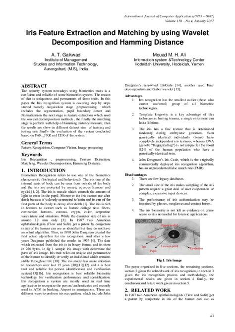 pdf iris feature extraction and matching by using wavelet decomposition and hamming distance