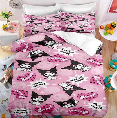 Sanrio Kuromi Bedding Set Cute Bed Quilt Cover Pillow Case Household Single Double Three Piece