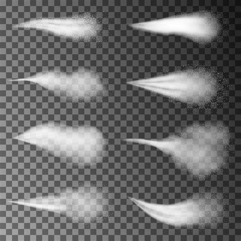 물 분무 흰색 연기 또는 안개 먼지 및 점 분무기의 안개 스프레이 또는 스트림 노즐 화장품 디자인 효과 3d 요소