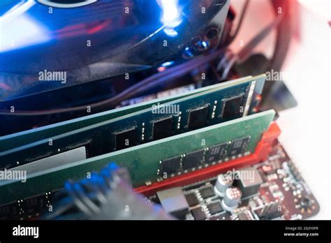 Inserting Plug In The Ram Ddr Memory Card In The Computer Mainboard Random Access Memory Stock