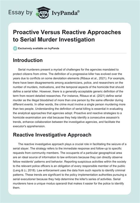 Proactive Versus Reactive Approaches To Serial Murder Investigation 1098 Words Essay Example