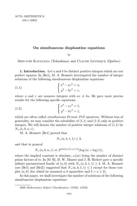 Pdf On Simultaneous Diophantine Equations