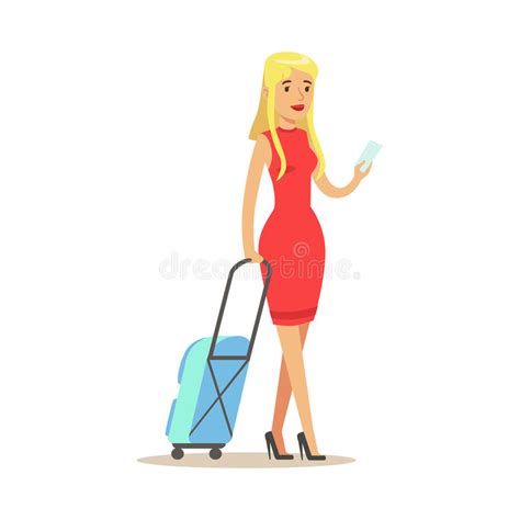 旅行带着手提箱的一件红色礼服的美丽的白肤金发的女孩 五颜六色的漫画人物传染媒介例证 向量例证 插画 包括有 红色 微笑 92600433