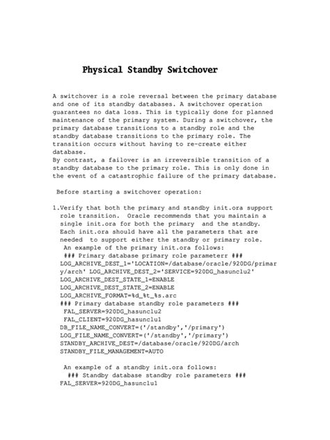 Physical Standby Switchover Physical Standby Switchover Pdf