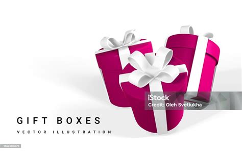 활이있는 3d 사실적인 선물 상자 흰색 배경에 흰색 리본과 그림자가 분리된 빨간색 상자를 종이로 덮습니다 벡터 일러스트레이션 3차원 형태에 대한 스톡 벡터 아트 및 기타