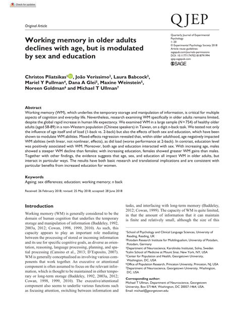 Pdf Working Memory In Older Adults Declines With Age But Is Modulated By Sex And Education