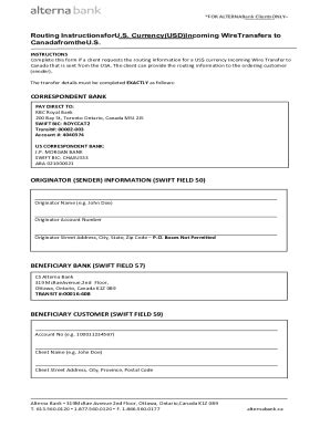 Fillable Online Routing Instructions For U S Currency Usd Incoming