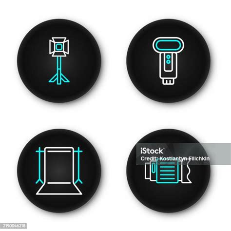 소프트박스 아이콘에서 라인 카메라 사진 렌즈 빈 스튜디오 사진 카메라 플래시 및 스튜디오 전구를 설정합니다 벡터 겉창에 대한
