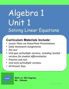 ALGEBRA 1 UNIT 1 Solving Linear Equations Curriculum Bundle