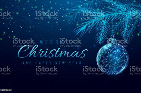 와이어 프레임 크리스마스 공과 크리스마스 트리 가지 낮은 폴리 스타일 새해 배너 파란색 배경에 추상적인 현대 3d 벡터 일러스트레이션 크리스마스에 대한 스톡 벡터 아트 및