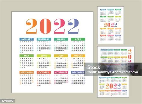캘린더 2022 년 영어 다채로운 벡터 세트 수평 수직 및 사각형 벽 또는 포켓 캘린더 템플릿 디자인 컬렉션 새해 일요일부터