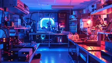 A Brightly Lit Laboratory With Scientific Equipment Glowing Under Neon