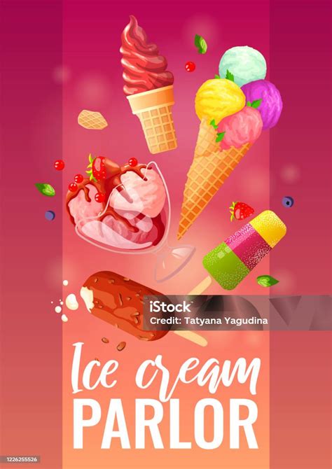 다양한 아이스크림 세트와 전단지 디자인 아이스크림 가게 또는 상점 달콤한 제품 디저트 개념 맛이 가미된 빙과에 대한 스톡 벡터