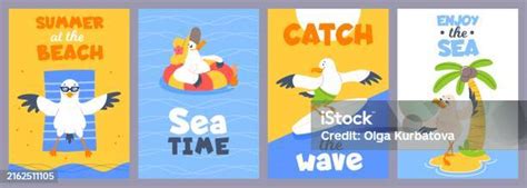 여름 해변 휴가 카드입니다 재미 있 네요 갈매기 여행사 귀여운 마스코트 선원 해양 조류 바다 레크리에이션 일광욕 및 서핑 유치한 인쇄 또는 포스터 벡터 만화 평면 절연 세트
