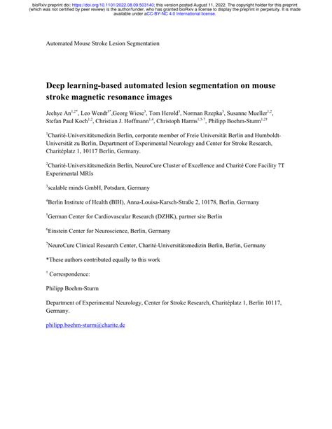 Pdf Deep Learning Based Automated Lesion Segmentation On Mouse Stroke Magnetic Resonance Images