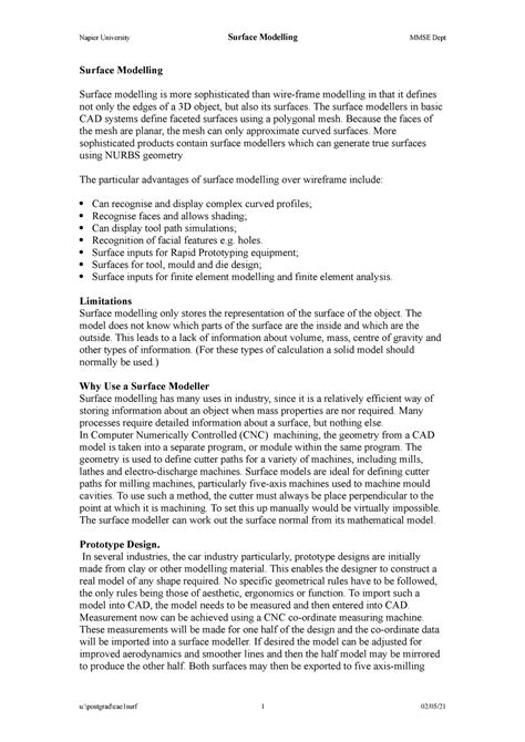 Handout Surface CAD Notes Napier University Surface Modelling MMSE Dept Surface Modelling