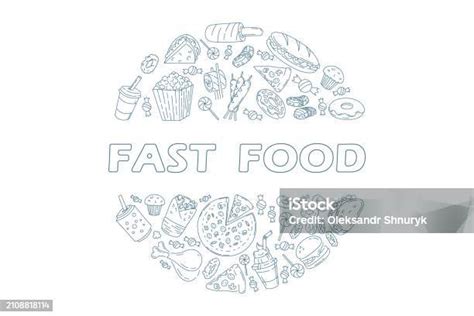 패스트 푸드 라인 아이콘 세트 흰색에 낙서 메뉴 또는 식품 패키지 디자인 벡터 일러스트 레이 션입니다 편집 가능한 스트록 건강에 좋지 않은 음식에 대한 스톡 벡터 아트 및