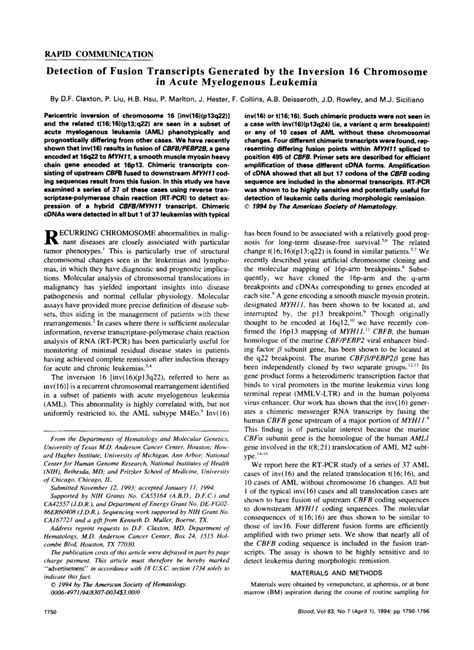 Pdf Detection Of Fusion Transcripts Generated By The Inversion 16 Chromosome In Acute