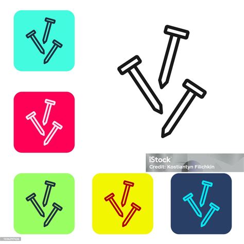 흰색 배경에 격리 된 검은 줄 금속 손톱 아이콘 색상 정사각형 단추로 아이콘을 설정합니다 벡터 강철에 대한 스톡 벡터 아트 및 기타 이미지 Istock