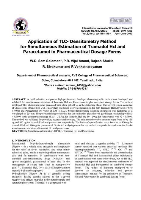 Pdf Application Of Tlc Densitometry Method For Simultaneous Estimation Of Tramadol Hcl And