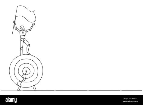 Single One Line Drawing Of Robotic Artificial Intelligence Standing On Giant Arrow Target Board