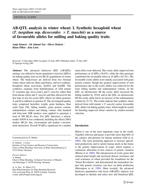 Pdf Ab Qtl Analysis In Winter Wheat I Synthetic Hexaploid Wheat T Turgidum Ssp