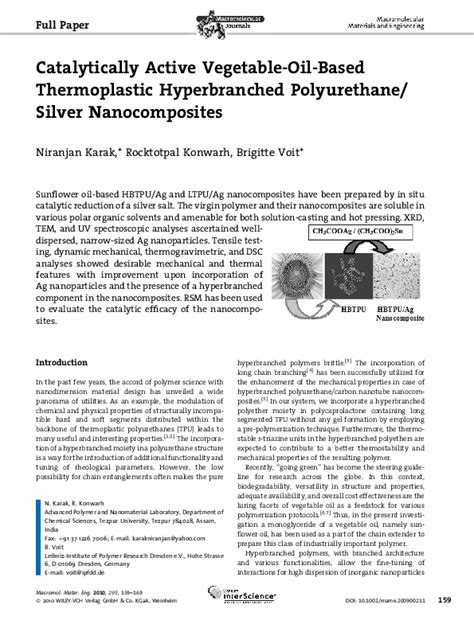 Pdf Catalytically Active Vegetable Oil Based Thermoplastic Hyperbranched Polyurethane Silver