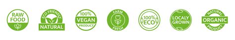 천연 제품 아이콘 세트입니다 Gmo는 무료입니다 유기농 식품 비건 바이오 농장 신선한 배지 현지에서 재배 건강한 제품 라벨 프리미엄 품질 친환경 태그 지속 가능한 삶 벡터