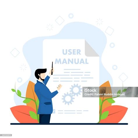 남성 캐릭터 및 사용자 설명서 읽기 및 쓰기 관리자를 위한 지침 가이드입니다 고객 가이드 개념 유용한 정보 기술 문서 플랫 디자인의 벡터 그림입니다 개념에 대한 스톡 벡터