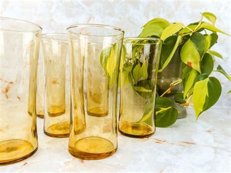 Vintage Yellow Curved Drinking Glasses Set Of 6 Yellow Etsy