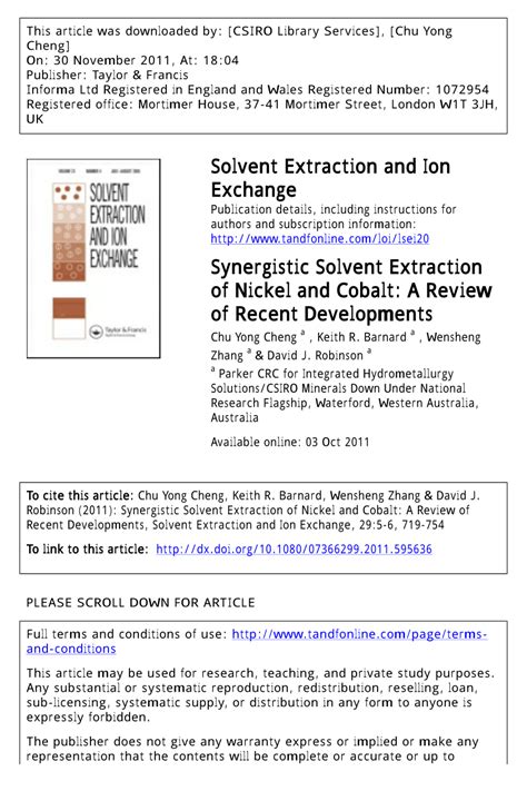 Pdf Synergistic Solvent Extraction Of Nickel And Cobalt A Review Of Recent Developments