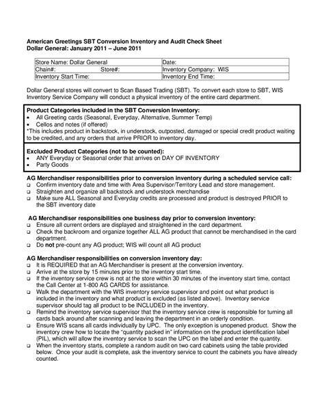 American Greeting Sbt Conversion Inventory And Audit Check Sheet Psy