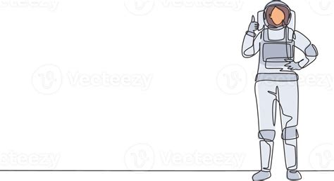 Single Continuous Line Drawing Female Astronaut Stands With Thumbs Up Gesture Wearing Space Suit