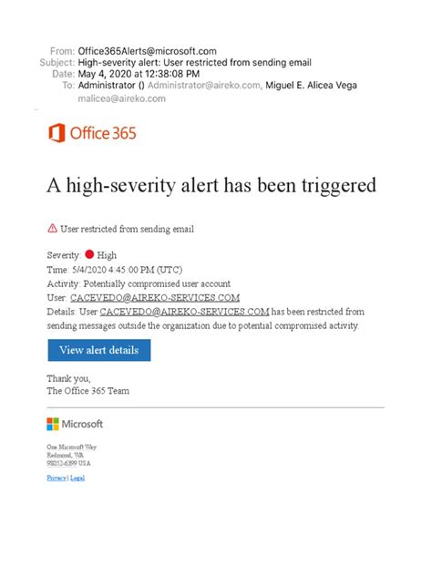 High Severity Alert User Restricted From Sending Email Pdf