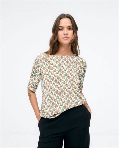 French Sleeve Geometric Print Blouse Yellow Women Surkana