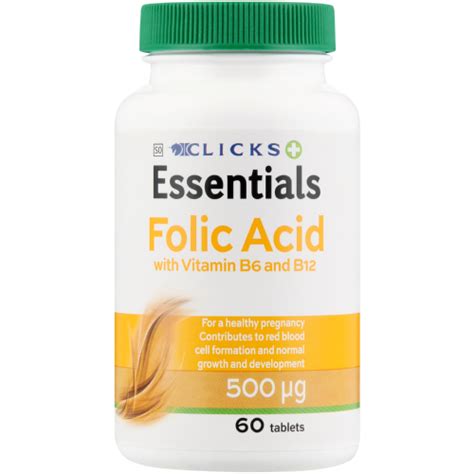 Clicks Essentials Folic Acid With Vitamin B6 And B12 60 Tablets Clicks