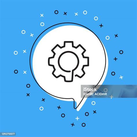 파란색 배경에 장식 요소가있는 흰색 음성 거품의 기어 휠 아이콘 얇은 선 기호가있는 현대 그래픽 발표 벡터 일러스트 레이 션 Eps 10 개념에 대한 스톡 벡터 아트 및