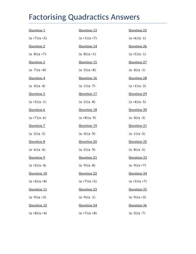 50 Quadratics To Factorise Teaching Resources