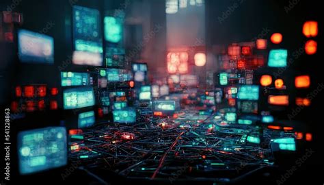 Сoncept Of Virtual Environment And Cyberspace Set Of Glowing Screens And Network Equipment